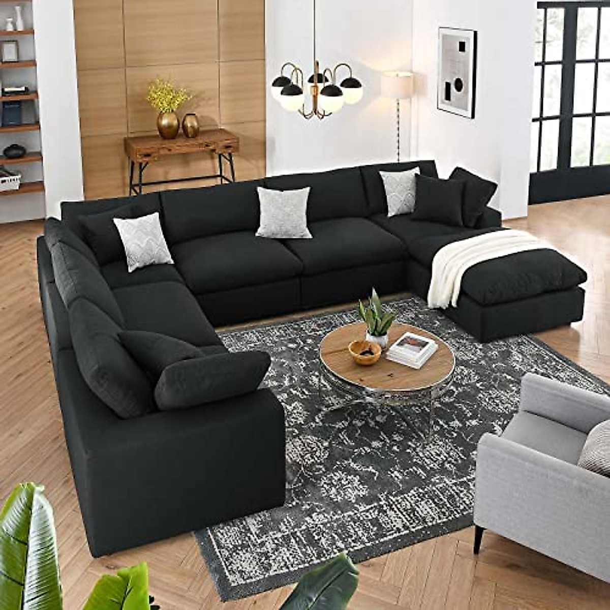 Modway Commix Modular Sofa, U Shaped Reclining Sectional, Black Fabric