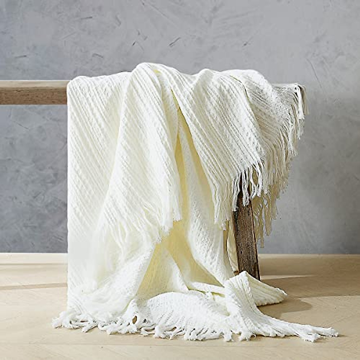 100% Cotton Throw Blanket, Waffle Woven Cream White Thin Decorative Blanket with Fringe, Rustic Pre-Washed Soft, Cozy, Light Weight Blanket for Couch, Travel, Farmhouse Boho Style Throw, 60'' x 80''