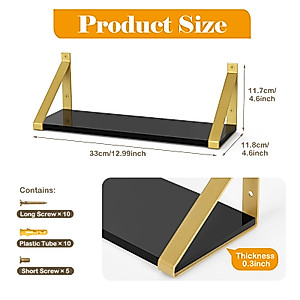 Cilinta Gold Black Floating Shelves Wall Mounted Set of 2, 8mm Transparent Acrylic, Invisible Wall Shelves for Bedroom, Living Room, Bathroom, Kitchen, Office Display Decor (13in)