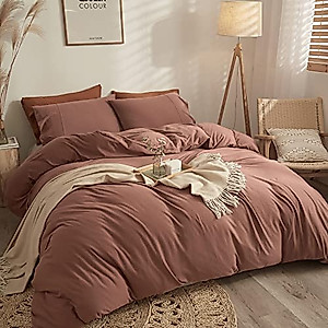 mixinni Brick Red Duvet Cover Queen Knitted Cotton Solid Color Simple Bedding Set Full Size Comforter Cover Queen Size Duvet Cover Set 1 Duvet Cover with Zipper Ties 2 Envelope Pillowcases