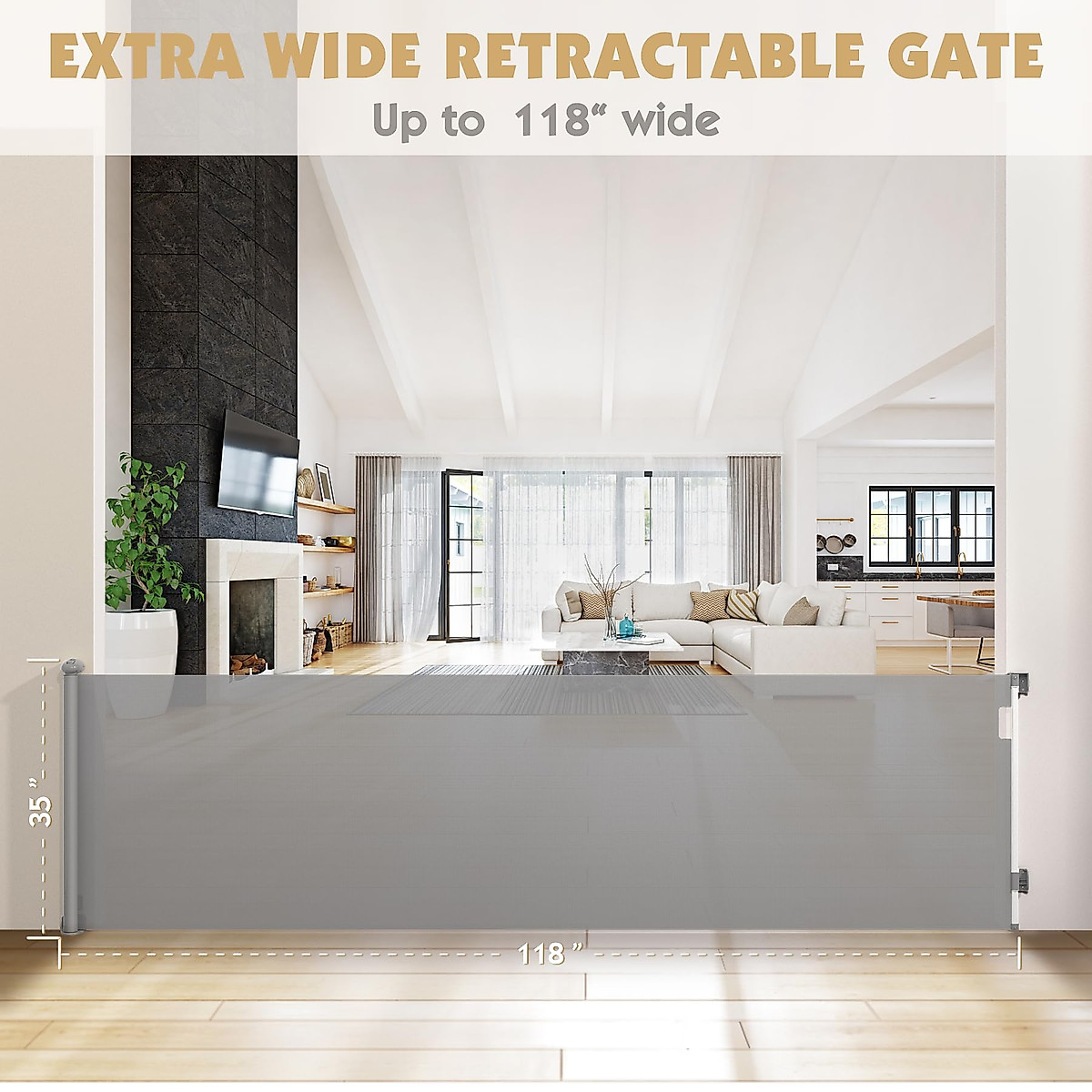 Coolever 118 Inch Retractable Baby Gates Extra Wide, Large Opening Retractable Baby Gates for Doorway Extra Long Dog Gate for The House Outdoor Large Pet Gates for Dog Indoor Mesh Child Gate, Grey