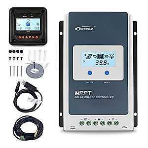 EPEVER 30A Solar Charge Controller MPPT 12V / 24V Auto Max.PV 100V Input Negative Ground Solar Panel Charge Regulator with MT50 Remote Meter Temperature Sensor RTS & PC Communication Cable RS485