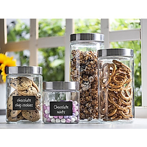 4pc Canister Sets for Kitchen Counter or Bathroom + Labels & Marker, Glass Cookie Jars with Airtight Lids - Food Storage Containers with Lids Airtight for Pantry - Flour, Sugar, Coffee, Cookies, etc.