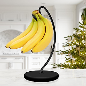Niceyos Banana Holder Stand - Newest Patented Modern Banana Hanger with Wood Base Stainless Steel Banana Tree Hook Rack for Kitchen Countertop (Full Black)