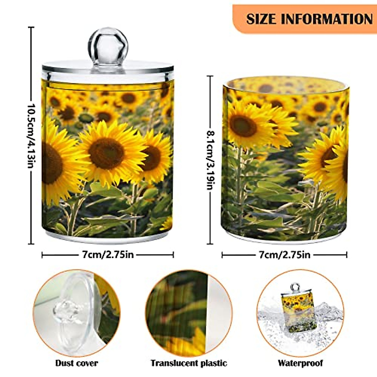 ALAZA Yellow Sunflower Stylish Floral 2 Pack Qtip Holder Dispenser 14 Oz Clear Plastic Apothecary Jar Containers Jars Bathroom for Cotton Swab, Ball, Pads, Floss, Vanity Makeup Organizer