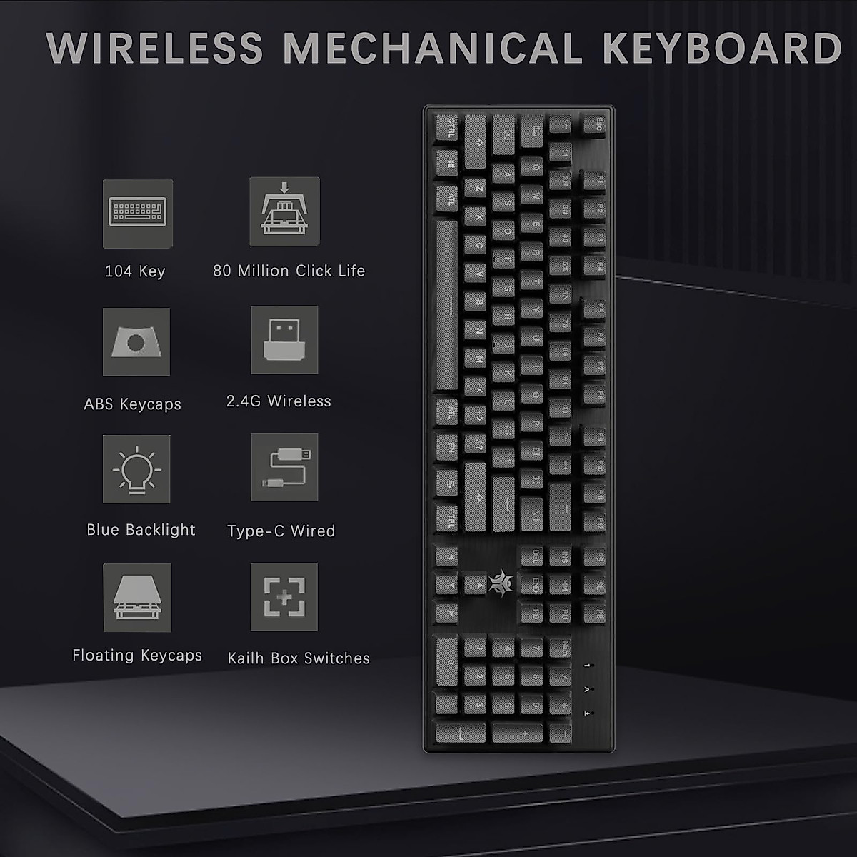 Hexgears G5 2.4G Wireless Mechanical Keyboard 104 Key, Wireless and Type-C Wired Connection, Full-Size, Blue Backlit, Windows and Mac OS Compatible Black Keyboard Kailh Box White Switches