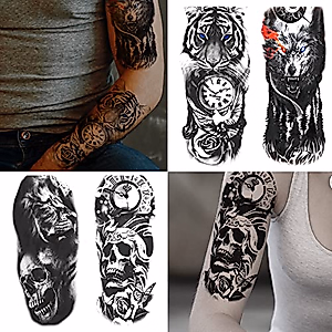 JEEFONNA 72 Sheets Temporary Tattoo for Men Women Adults, Include 12 Sheets Large Black 3D Realistic Tattoos Half Sleeve Temporary Tattoos, Include Black Scary Lion Wolf Tiger Skull Fake Tattoos …
