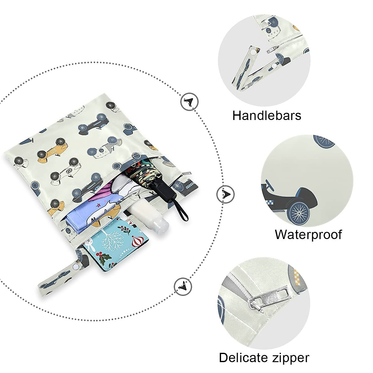 AUUXVA Wet Dry Bag 2 Pack Vintage Car Pattern Print Waterproof Kids Baby Cloth Diaper Wet Bags Organizer Pouch Zippered Pockets Yoga Gym Wet Dry Bag for Travel Swimsuits