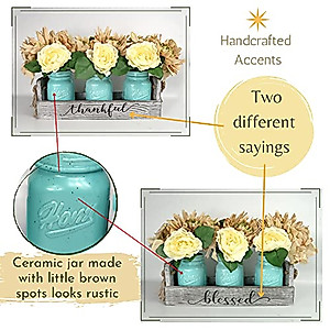 Living Room Table Centerpieces-Besuerte Rustic Decorative Thankful Wood Tray,with Rose Bouquet Flower for Home,Coffee Table Dining Room,Kitchen,New Home Housewarming Gift【3 Blue Jars 】