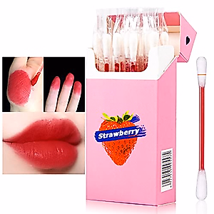 PASNOWFU 20 Pcs/Set of Tattoo Lipstick, Cotton Swab Lipstick, Tattoo Lip Stain Tattoo Lipstick Cotton Swab, Durable Waterproof Liquid Non-Stick Lipstick, Easy to Carry（Color : Strawberry）