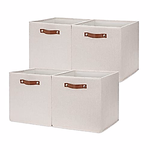 HNZIGE Large Storage Baskets Set of 4 Bins Collapsible Storage Baskets,13x13 Storage Cube Bins with Handles,Foldable Storage Cube Bins for Shelves, Closet Storage Organizer Home Nursery Office(cream)