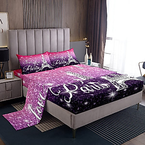 Paris Fitted Sheet Queen Size Kids Eiffel Tower Bed Sheet Sparkle Starry Sky Galaxy Sheet Sets For Boys Girls Teens Bedroom Decor, Romantic French Theme Flat Sheet 4Pcs With 2 Pillow Cases, Purple