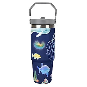 WITHSBKK 30oz Car Cup Aquatic Sea Animal Printed with Portable, Stainless Steel Travel Mug, Vacuum Insulated Tumbler And Straw, Leakproof for Car & Outdoor, UV Printed Design