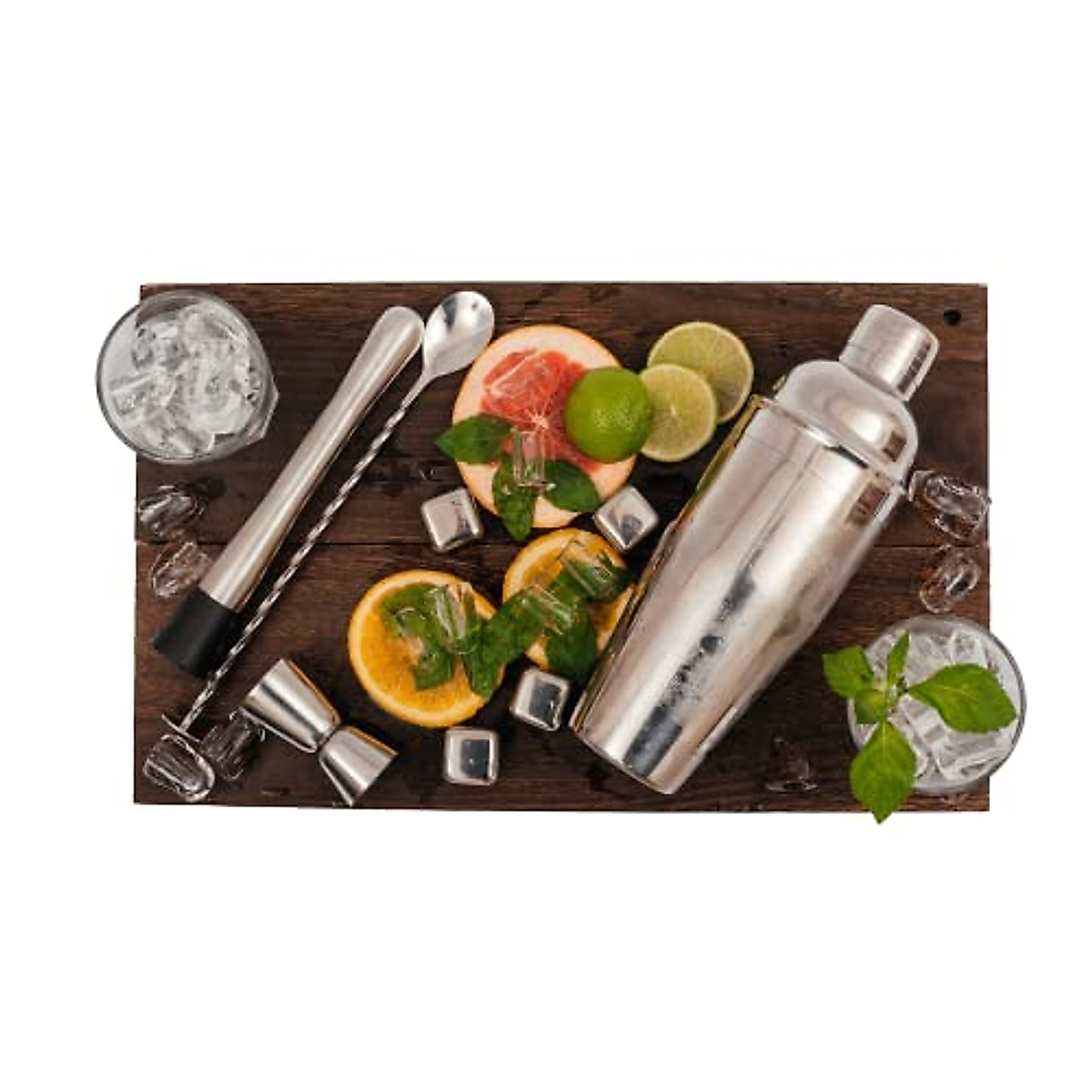 Cocktail Mixology Shaker Set - Bartender Kit with an Elegant Bamboo Stand - Bar Accessories Kit Including a Martini Shaker, Bar Jigger, Syrup Dispenser & Mixer Recipe Book