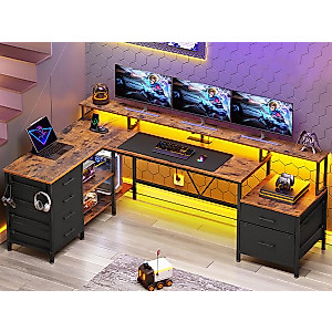 UPOSOJA L Shaped Gaming Desk with Power Outlet, 78" Reversible Corner Computer Desk with File Drawers & LED Strip, Home Office Desk with Storage Shelves Monitor Shelf CPU Stand Mouse Pad Brown