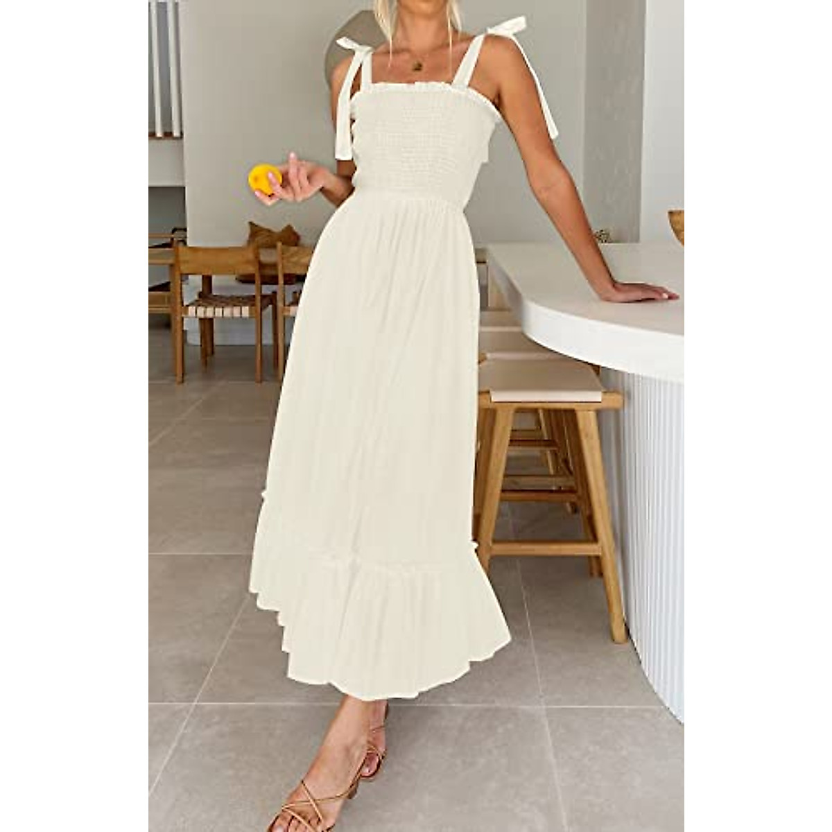 ZESICA Women's 2023 Summer Boho Spaghetti Strap Square Neck Solid Color Ruffle A Line Beach Long Maxi Dress,Apricot,Small