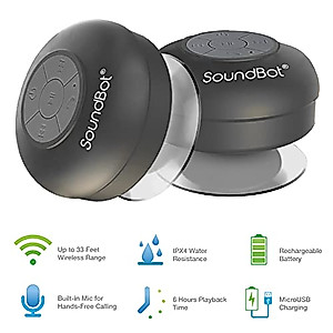 Soundbot SB510 Bluetooth Shower Speaker HD Water Resistant Bathroom Speakers, Handsfree Portable Speakerphone with Built-in Mic, 6hrs of Playtime, Control Buttons and Dedicated Suction Cup (Black)