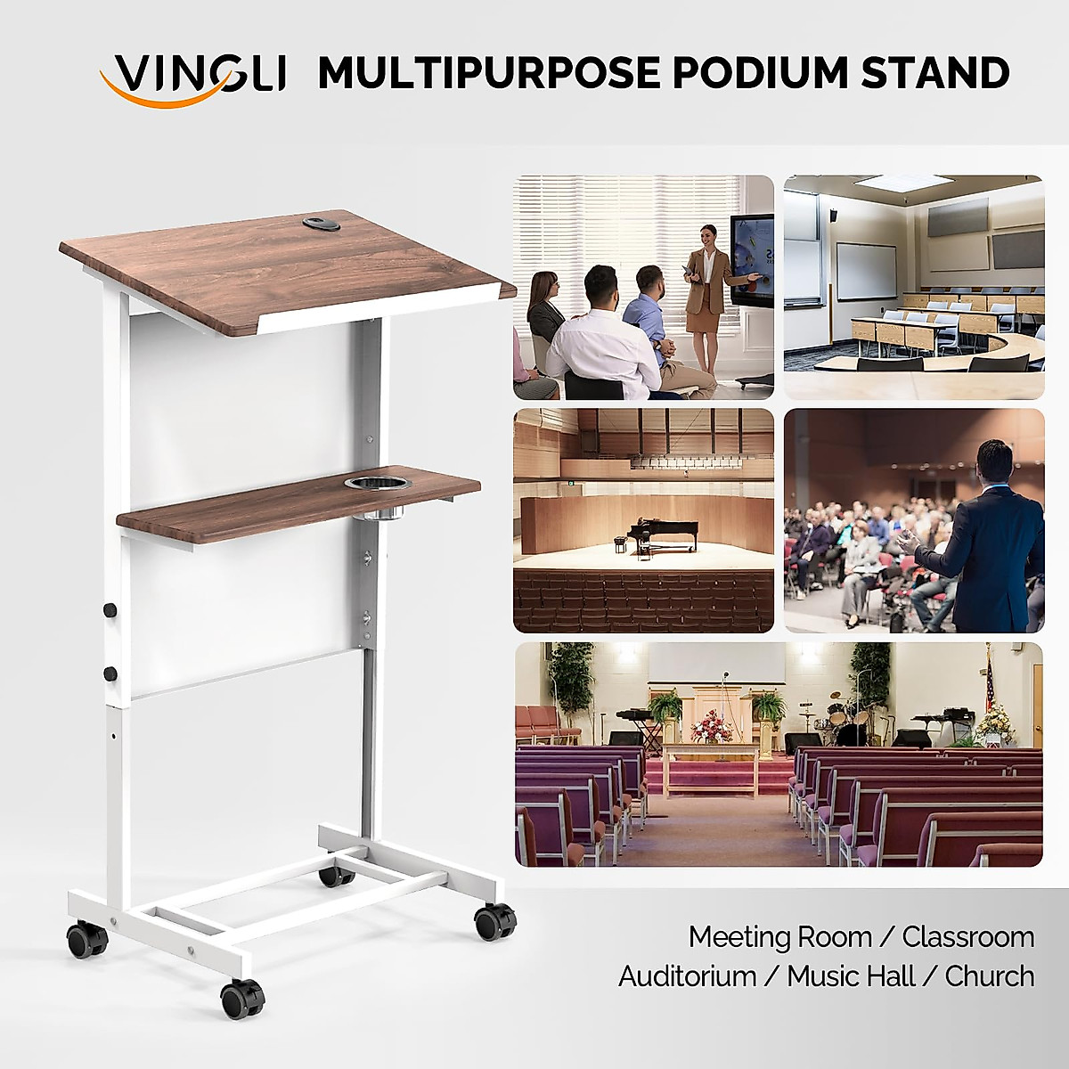 VINGLI Portable Podium Stand, Height Adjustable Lectern Podium with Shelf for Reports, Mobile Stand Up Lectern, Rolling Pulpits for Church with Edge Stopper (White/Brown, 24'' Wide)