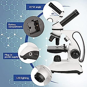 Microscope for Adults, 40~2000x Compound Monocular Microscope with Storage Bag, Slides, Phone Adapter-for School, Home Education, Science Lab