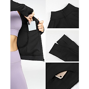 Locachy Women's Slim Fit Stretchy Athletic Workout Lightweight Full Zip Sports Jacket with Pockets Black S