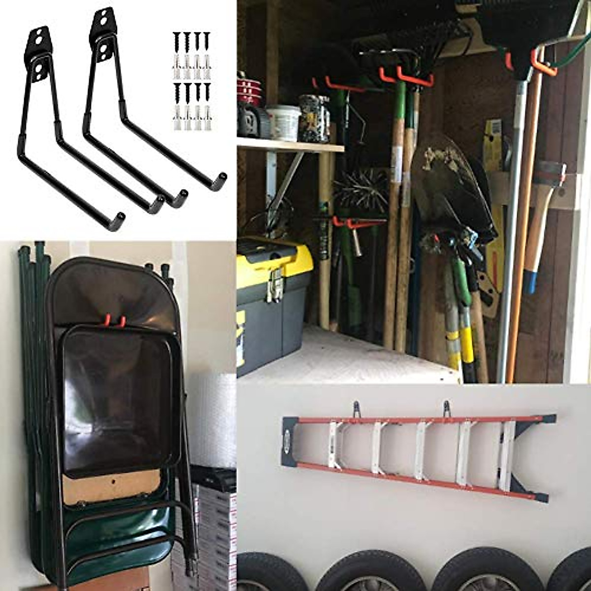 Heavy Duty Garage Storage Utility Double Hooks,Extended Wall Mount Tool Holder Organizer for Ladders,Bike,Chair (2 Pack Black 7.5" Large U Hook)