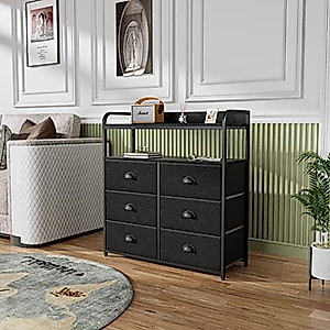 Furologee 6 Drawer Dresser Fabric, Double Shelf Black Closet Organizer Storage Tower Unit for Bedroom, Living Room Entryway, Rustic Bins, Sturdy Metal Frame