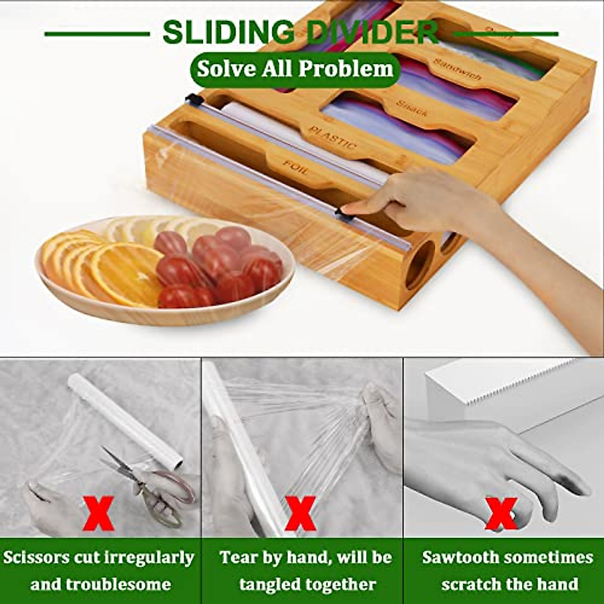 Bamboo 6 IN 1 Foil And Plastic Wrap Organizer With Ziplock Bag Storage Organizer for Kitchen Drawer, TIGARI Plastic Wrap Dispenser With Cutter, Suitable for Wrap, Foil, Gallon, Quart, Sandwich Bags