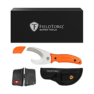 FIELDTORQ Super Tool | 4-in-1 Field Dressing Kit with Sheath & Sharpener | Skinning Knife for Hunting | Gut Hook Knife | Deer Hunting Knife Set