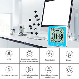 GXSTWU Digital Timer Shower Clock Waterproof【Waterproof for Water Spray】 with Alarm, Bathroom Kitchen Wall Clock, Touch Screen Timer, Thermometer Hygrometer Suction Cup Hanging Hole Stand Magnet Blue