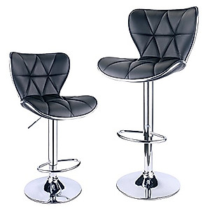 Leopard Shell Back Adjustable Swivel Bar Stools, PU Leather Padded with Back, Set of 2 ( Black )