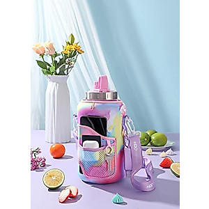 H2O Capsule 2.2L Half Gallon Wide Mouth Water Bottle with Storage Sleeve and Removable Straw - Hydration Tracker Jug with Measurements Marked – Shatterproof BPA-Free, (Purple TieDye)