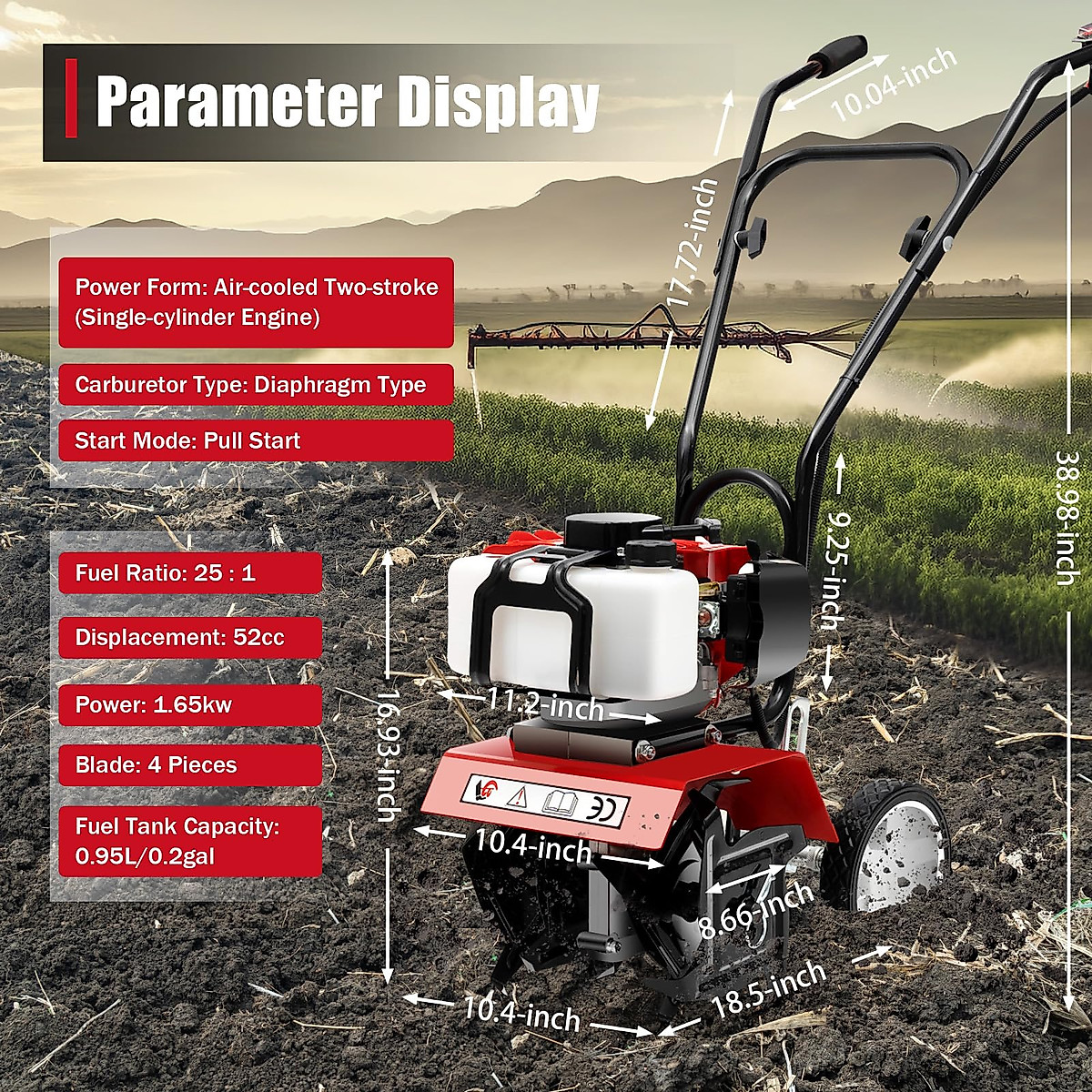 HENHAIY 52cc Tiller Cultivator 2-Stroke Gas Powered Garden Tiller 1.65kW Lawn Rototiller for Eatering Weed Digging 6500-7000rpm 44-5F Weed Removal & Soil Cultivation w/ 4 Blades