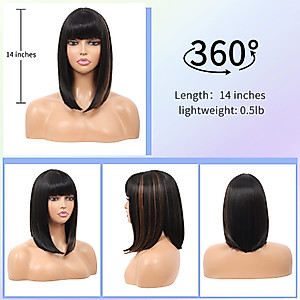Kalyss Bob Short Synthetic Hair Wig for Black Women Heat Resistant With Hair Bangs (Black With Medium Auburn Brown Strips)