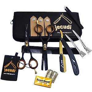 Jecudi Professional Hair Cutting Scissors Set - Handmade Japanese Stainless Steel, Includes Barber Scissors, Hair Shears, Tweezers, Razor, 10 Blades, Comb, 2 Hair Clips & Cleaning Cloth.