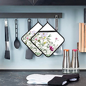 Floral Wildflower Flower Field Pot Holders Set Heat Resistant Non Slip Oven Hot Pads with Hand Pockets and Hanging Loops for Kitchen Baking Cooking,Set of 2