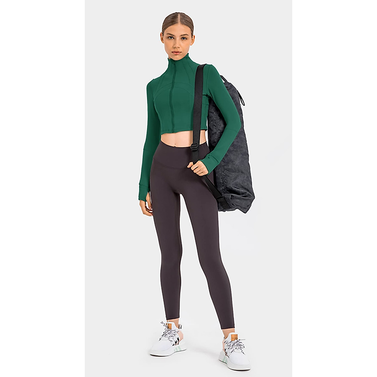 KTILG Women Crop Workout Jacket Zip-Up Lightweight Pullover Athletic Yoga Running Cropped Long-Sleeve Jackets Tops with Thumb Holes