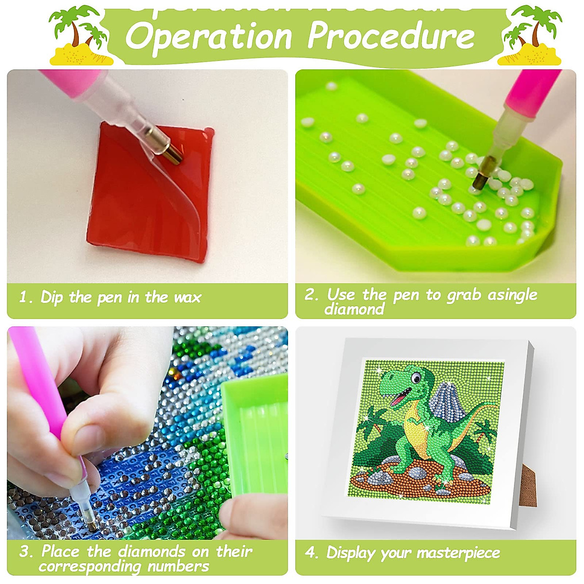 Diamond Art Painting Kits for Kids with Wooden Frames, 5D Diamonds Art and Crafts for Kids, Gem Art Painting by Number Kits for Kids Girls Boys Ages 8-12, (Dinosaur)