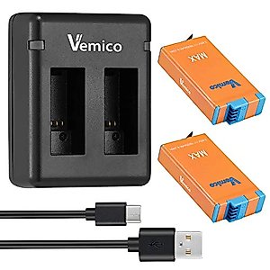 Vemico GoPro Max 360 Battery Charger Kit 2 X 1600mAh Replacement Batteries and 2-Channel LED Type-C/Micro USB Charger Fully Compatible with GoPro Max(ACBAT-001)