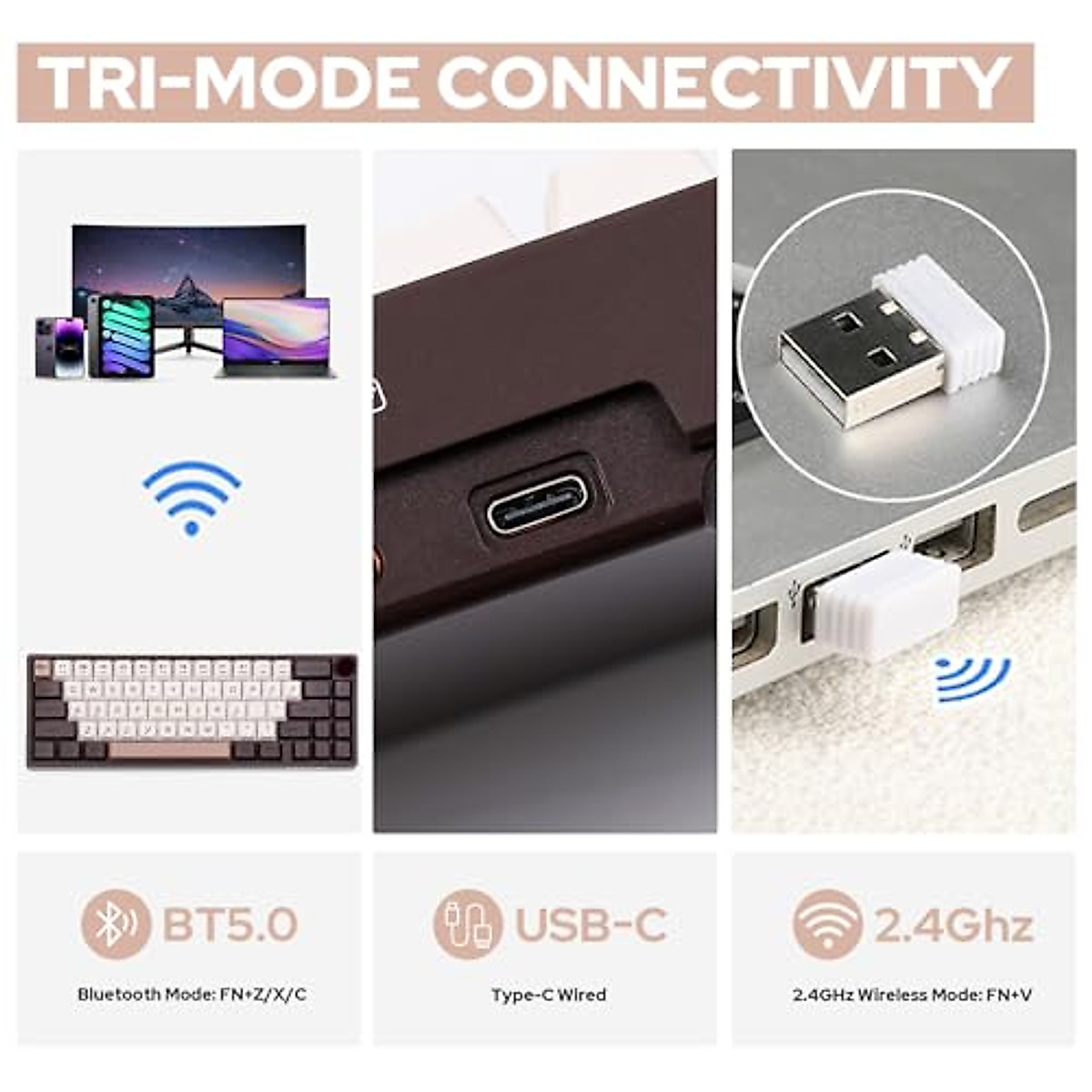 Feker IK65 VIA Programmable 2.4G/BT5.0/USB-C Mechanical Keyboard, 65% Hot Swappable Gasket-Mounted, with Sound Dampening Foams Kit, Volume-Control Knob, 4000mAh Battery, RGB for Win/Mac (Brown Knob)