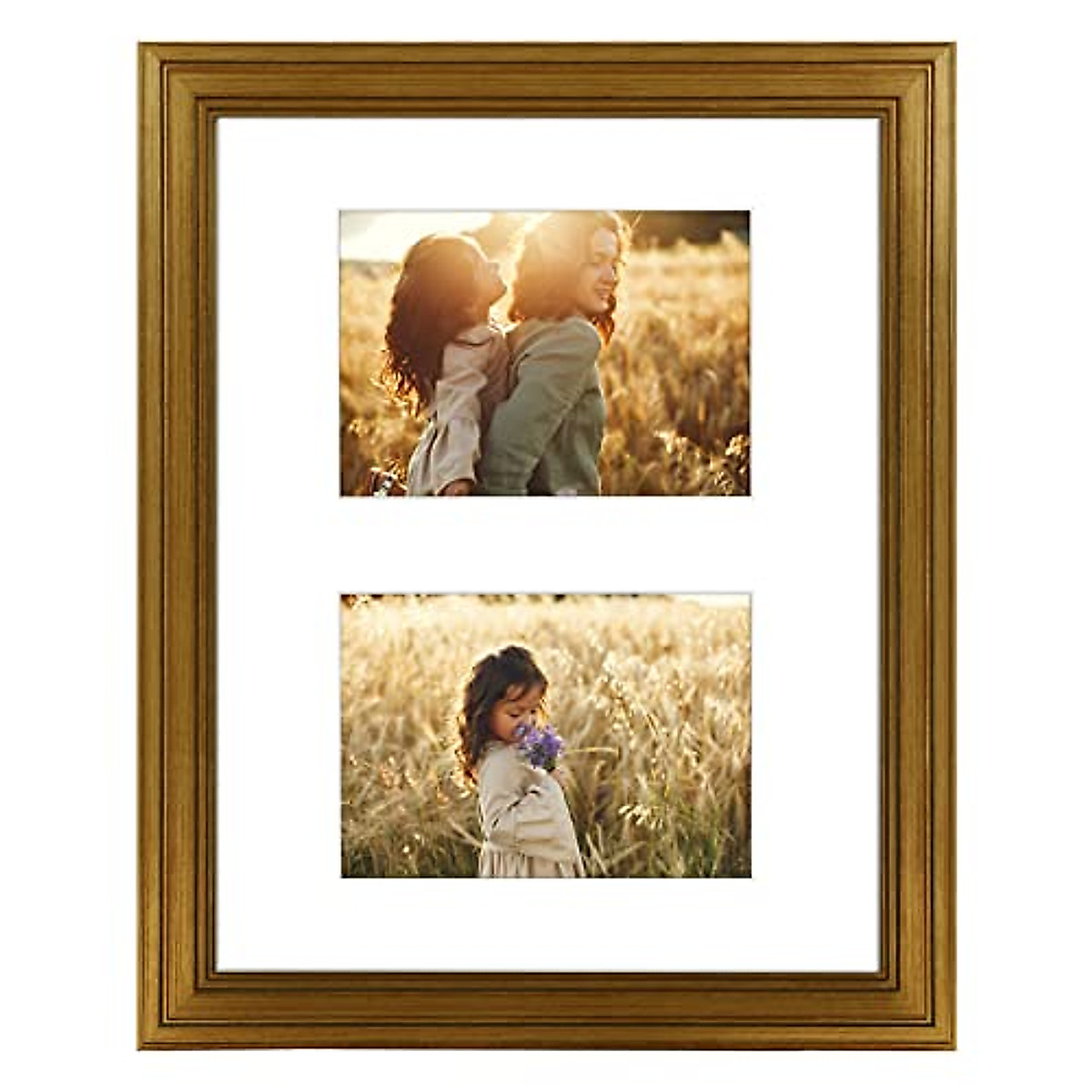 Frametory, 11x14 Picture Frame - for Two 5x7 Photos, Two Opening White Mat - Wall Display - Great for Wedding, Graduation, Engagement Photographs - Dark Gold