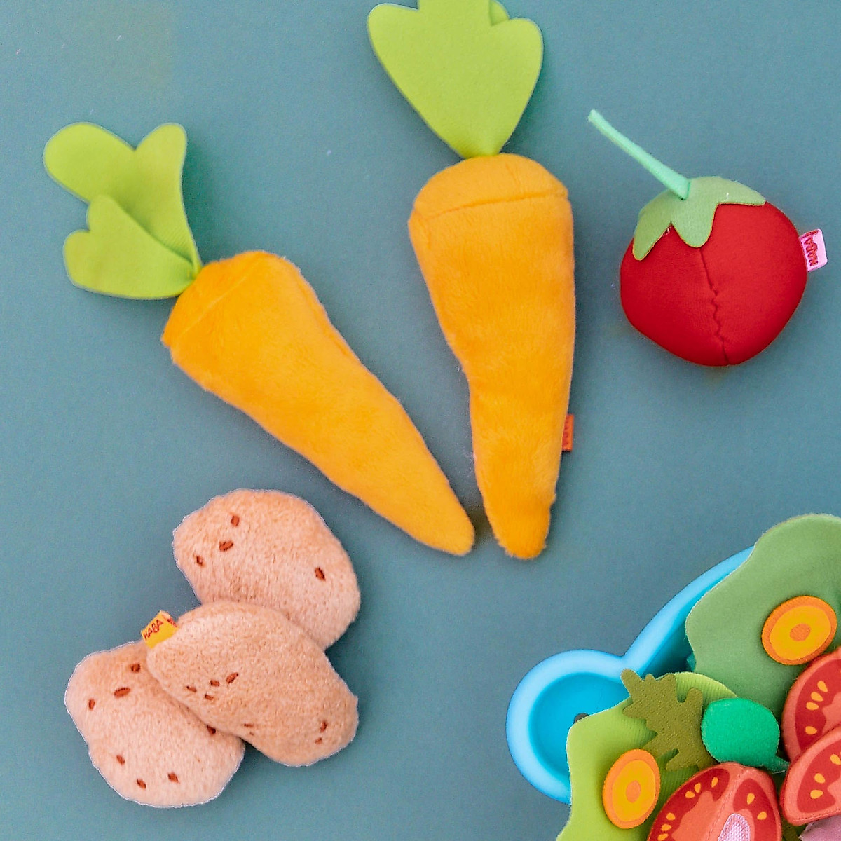 HABA Biofino Vegetable Basket - Soft Plush Pretend Play Food Includes Carrier, Cucumber, Tomato, 2 Carrots and 3 Potatoes for Ages 3+