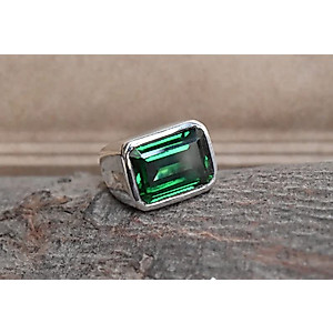 Green Emerald Ring for Men and Women Signet Emerald Cut Gemstone Sterling Silver Band Gift Rings All US Rings Size (8)