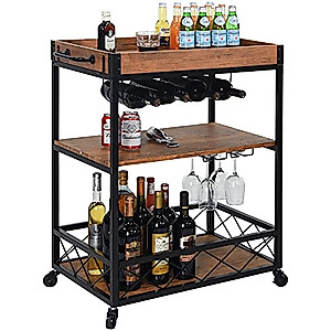 Usinso Industrial Kitchen Serving Carts Rolling Bar Cart with 3 Tier Storage Shelves bar carts for The Home with Wine Glass Holder,Lockable Caster Liquor Cart Removable Top Box Container