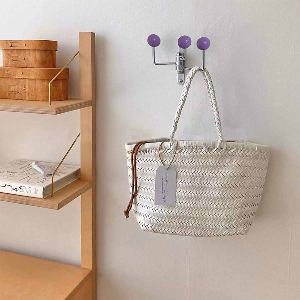 ImyHok Decorative Wall Hook Swivel Metal Coat Rack with Wood Decor Balls Cute Foldable Storage Hooks for Hanging Towel Girls Hair Ring Kids Hats Bags in Bathroom Bedroom, Wall Mounted,Purple