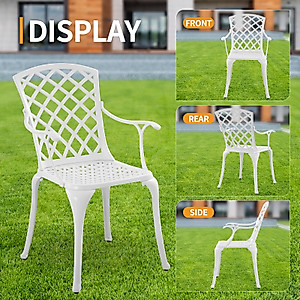 Withniture Outdoor White Cast Aluminum Arm Chair, Set of 2 Patio Dining Chairs, All-Weather Metal Outdoor Chairs w/Armrests, Bistro Chairs Set of 2 for Patio, Deck, Garden, Yard (White B, Set of 2)