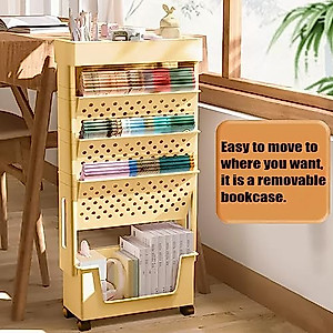 APBATS 5 Tier Removable Movable Bookshelf, Mobile Unique Bookcase, Utility Organizer Yellow Bookshelves with Wheels for Kids Children Students Study in Bedroom Living Room Home School