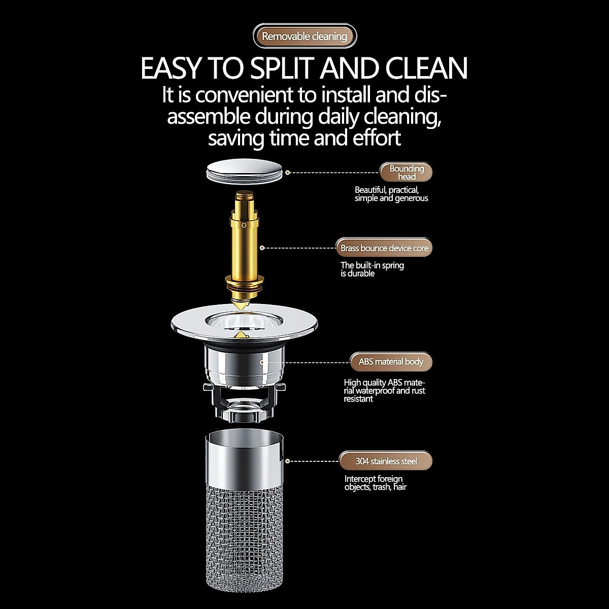 Sink Drain Strainer, Shower Drain Hair Catcher, Stainless Steel Floor Drain Filter, Pop Up Drain for Bathroom Sink Tub Bathtub Kitchen, Universal Replacement Sink Drain Stopper with Brass Filter(4pcs)