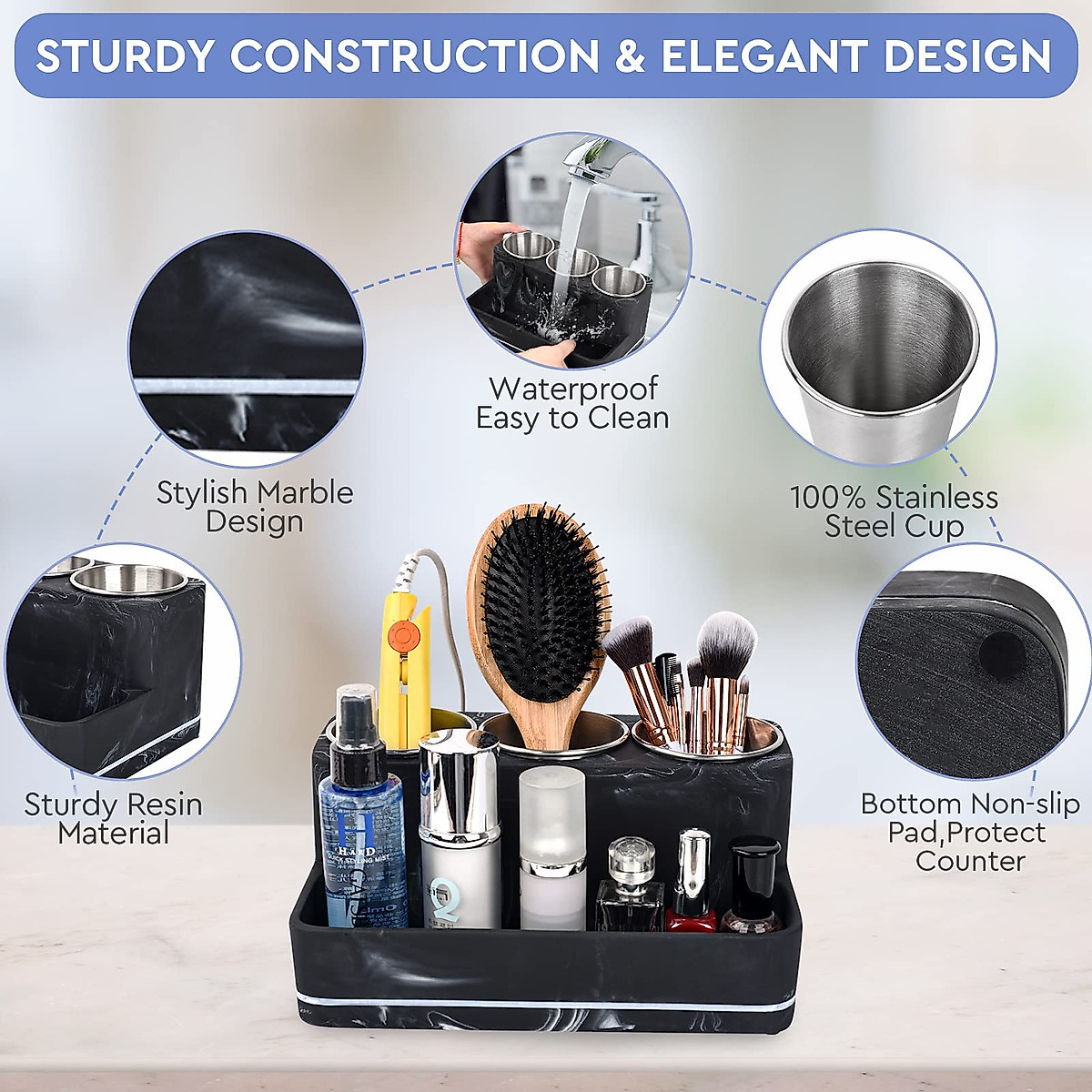 Hair Dryer Holder,Hair Tool Organizer Bathroom Countertop Blow Dryer Holder Hair Accessories Styling Tools Organizer for Hair Dryer,Flat Irons,Curling Wands,Hair Straighteners-Black Marble Look