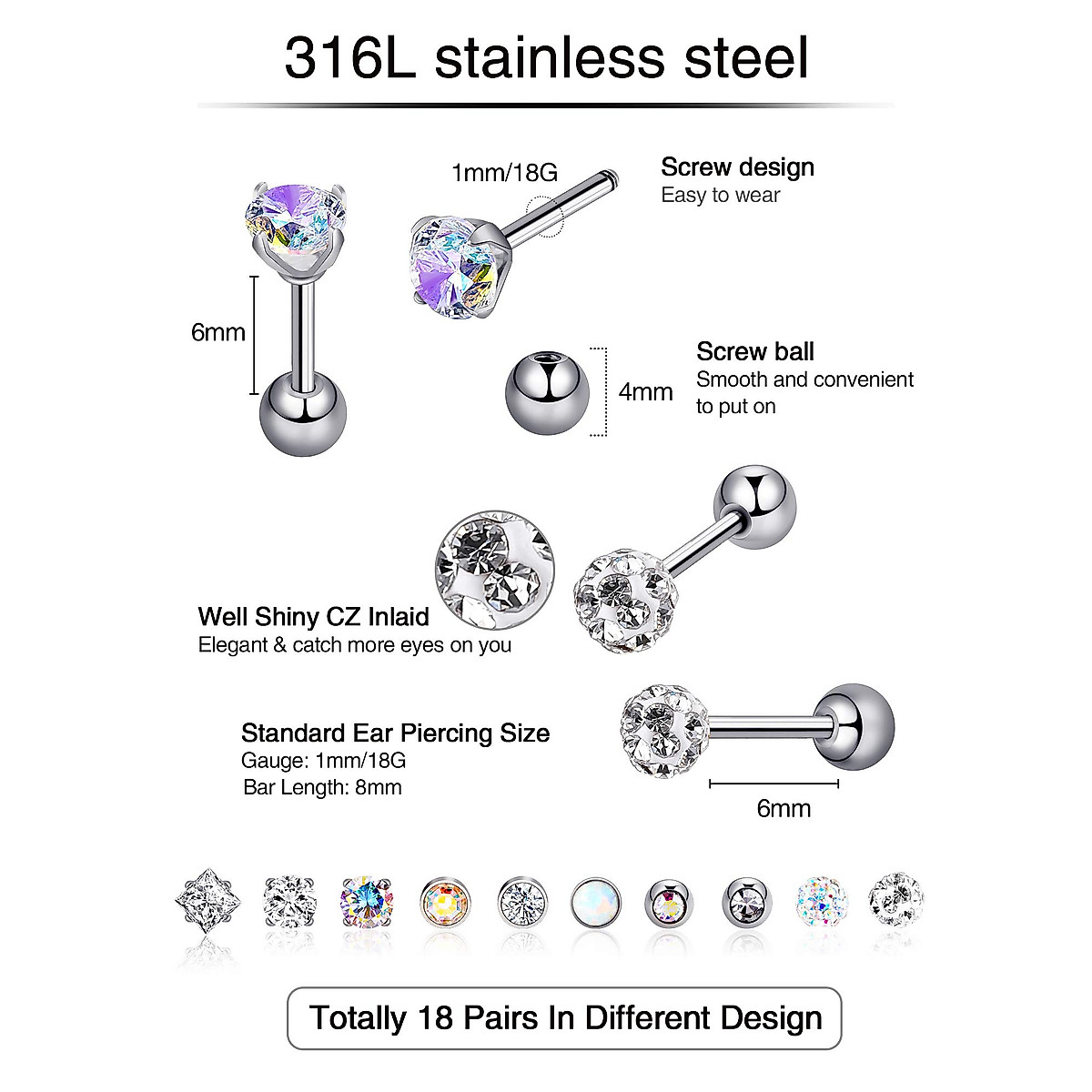 18 Pairs Stainless Steel Stud Earrings Solid Rhinestone Earring Cartilage Earrings Helix Ear Piercing Jewelry for Women Men (Steel Color, 18 G/ 1 mm with 4 mm Screw Ball)