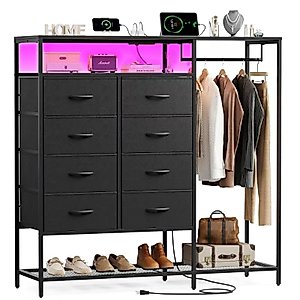 Black Dresser for Bedroom with 8 Drawers, Bedroom Dresser with Hanging Rack, Clothes Dresser with Led Lights, Closet Dresser with Charging Station, 47 Inch Dresser with Shelves for Bedroom, Closet